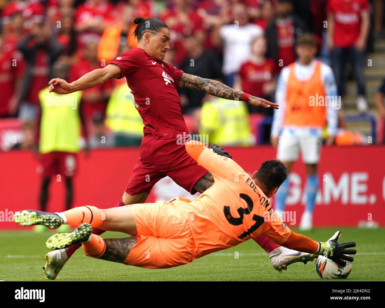 Liverpool's Darwin Nunez attempts a shot on goal past Manchester City ...