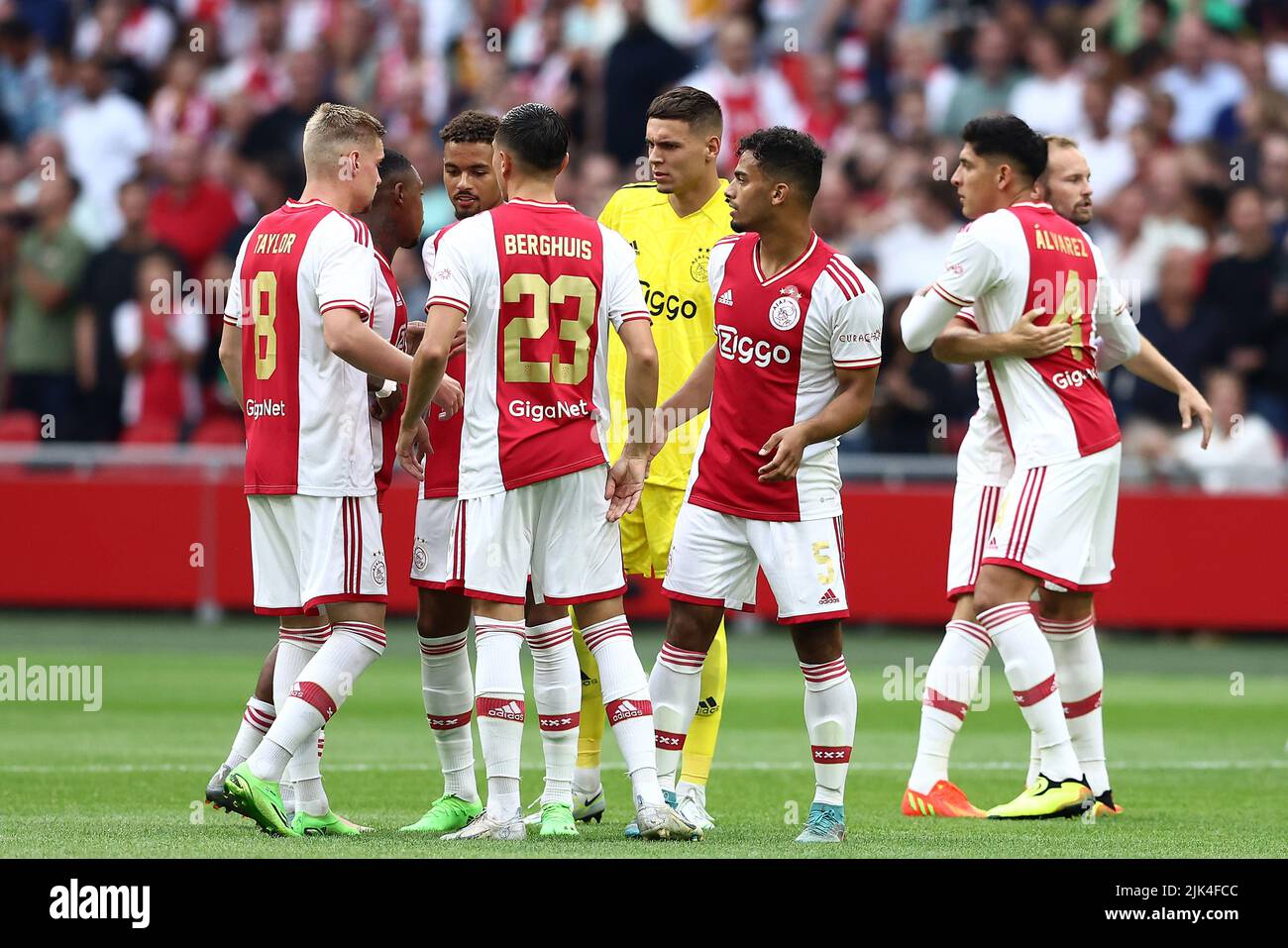 AMSTERDAM - (lr) Kenneth Taylor of Ajax, Steven Bergwijn of Ajax, Devyne Rensch of Ajax, Steven ...