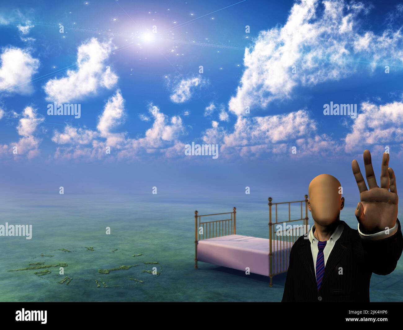 Surreal painting. Empty bed and clock. Faceless man trying to stop you ...