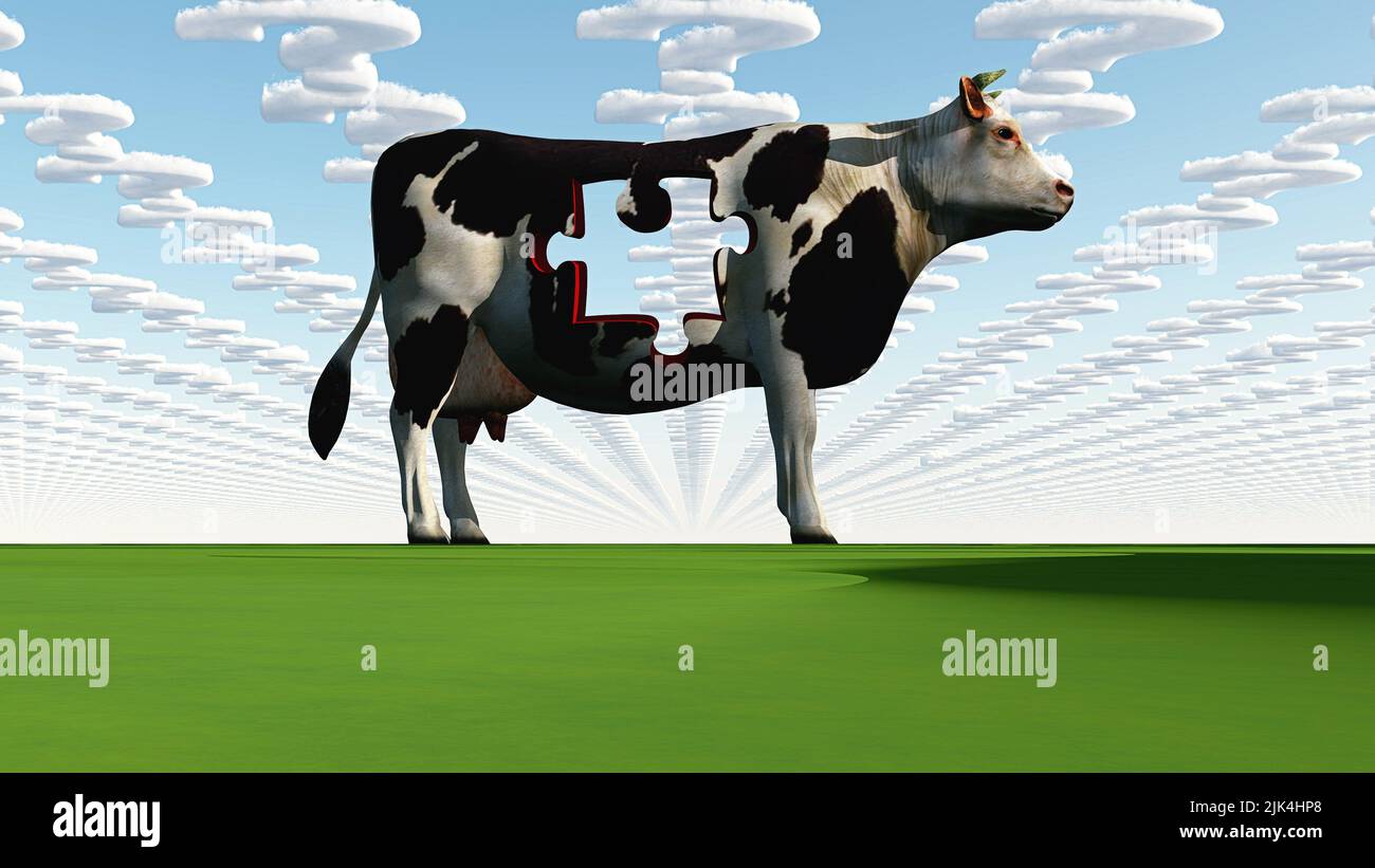 Cow and questions clouds GMO. 3D rendering Stock Photo - Alamy