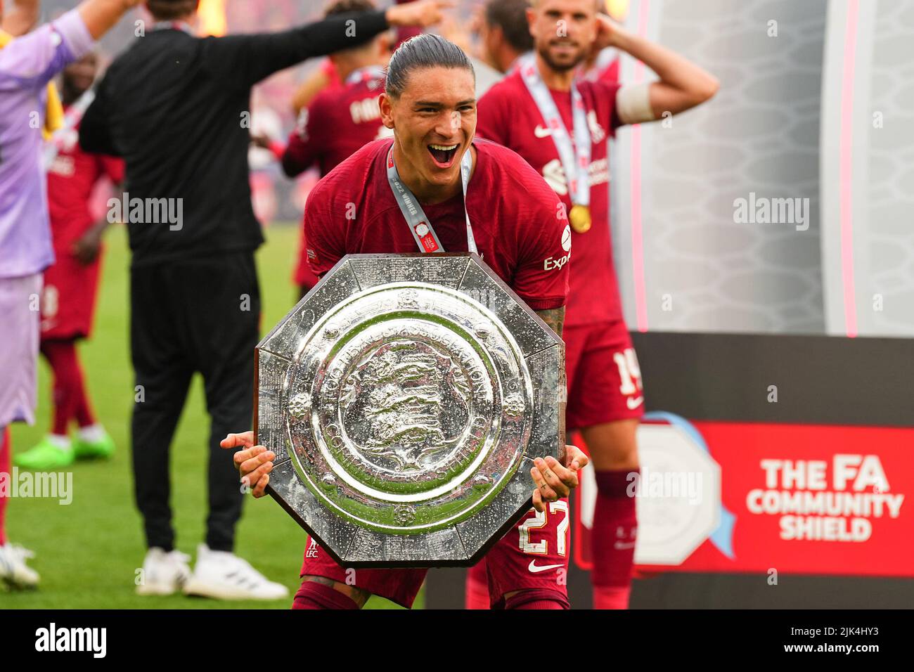 Leicester, UK. 30th July, 2022. Darwin Nunez of Liverpool holds the ...