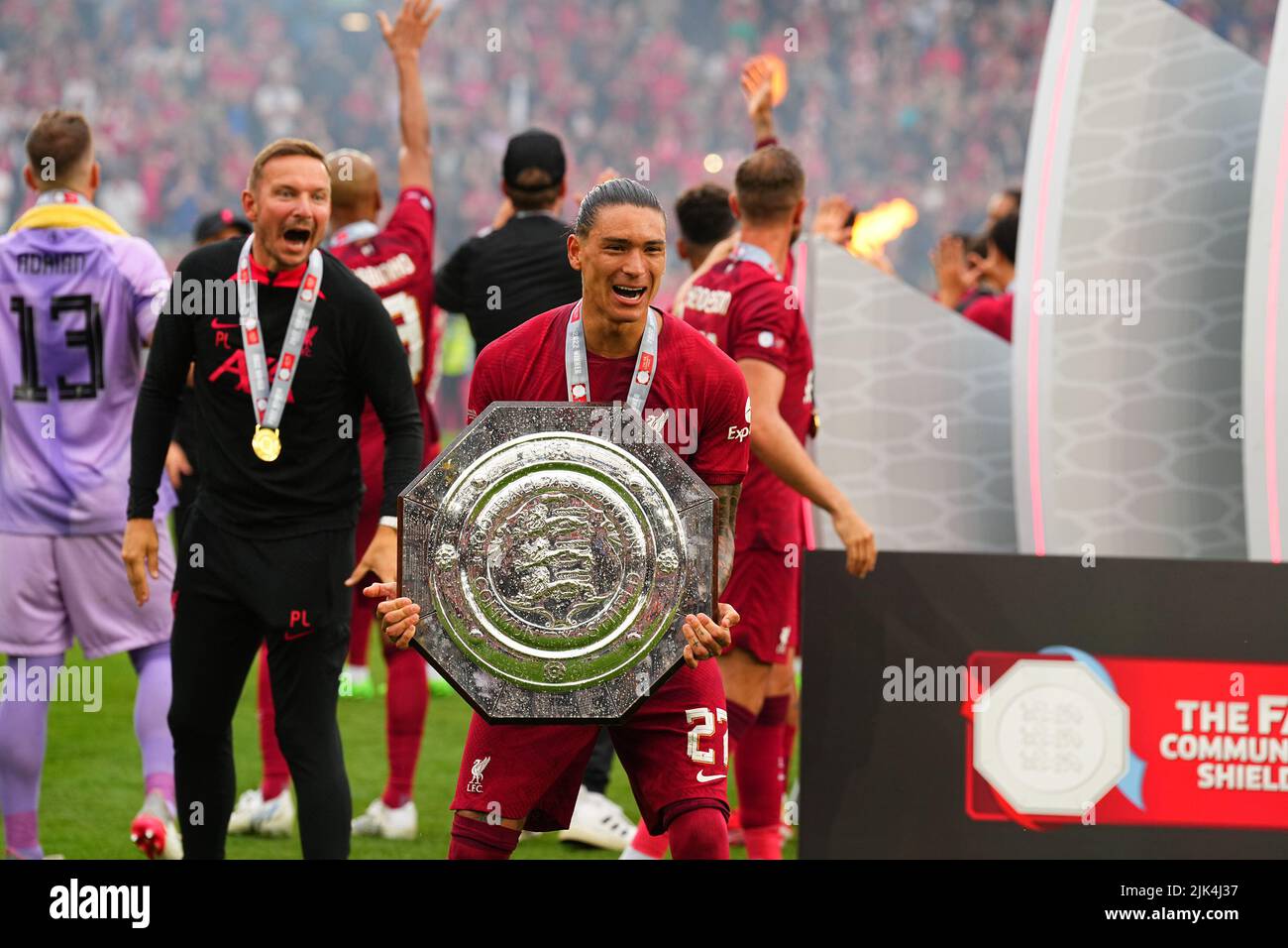 Leicester, UK. 30th July, 2022. Darwin Nunez of Liverpool holds the ...