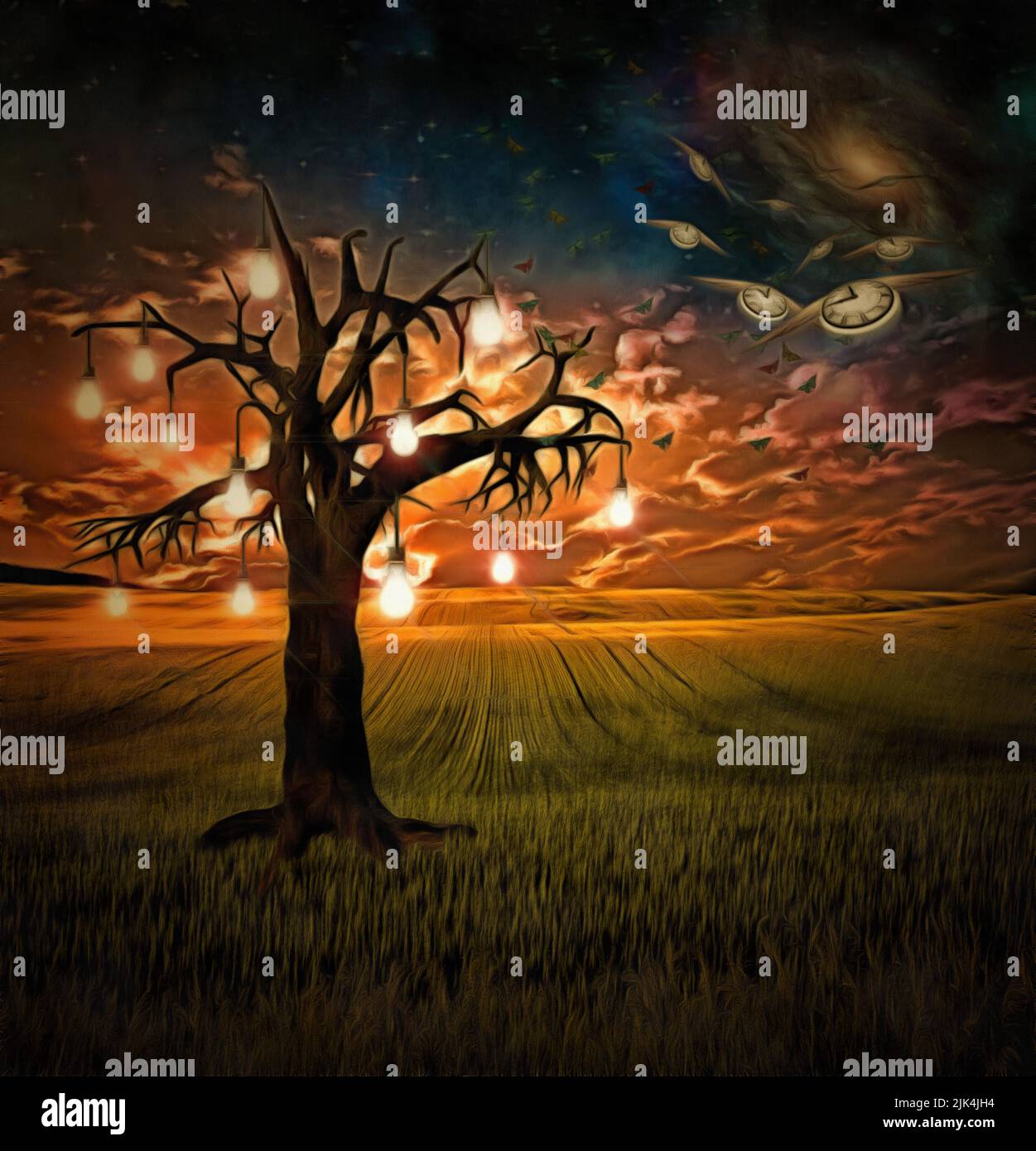 Bulb tree of ideas with surreal space background. 3D rendering Stock ...