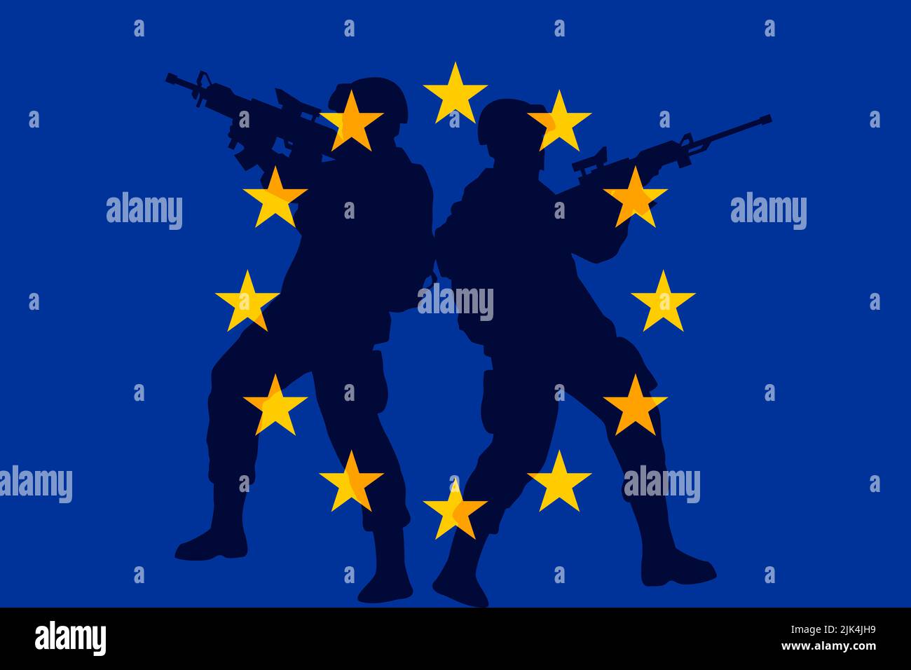 War in Europe, flag of EU with the shadow of soldiers, Europe in world ...