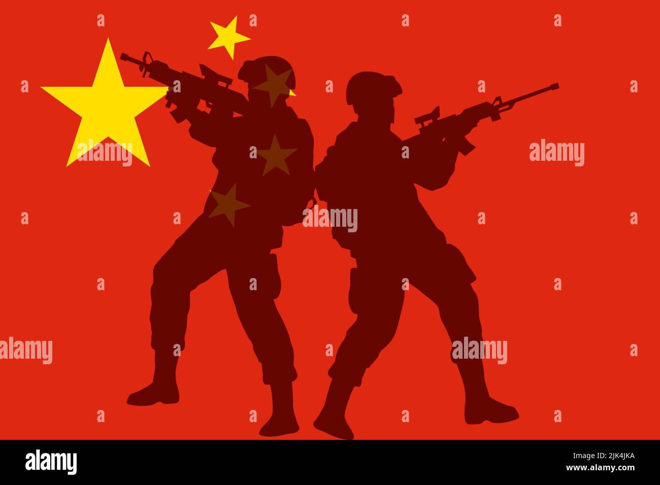 War in China, flag of China with the shadow of soldiers, War between ...