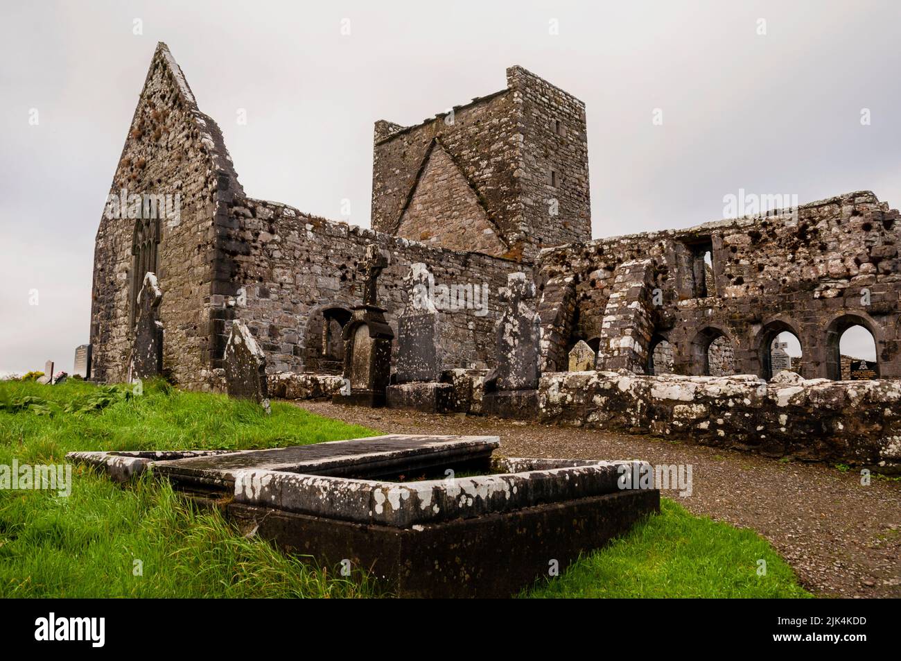 Gothic Burrishoole Friary ruins arched cloisters, square tower and ...