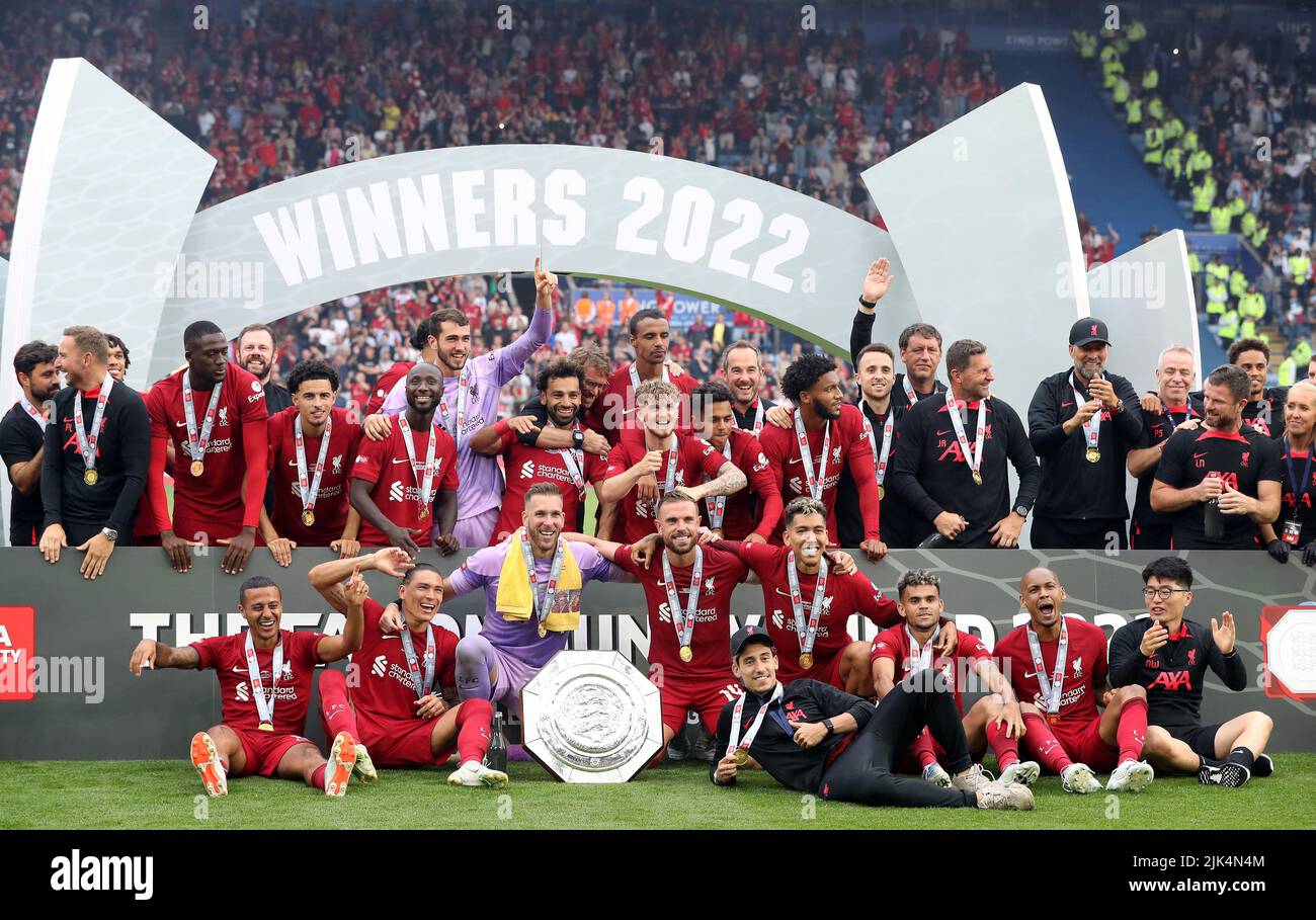 Leicester, England, 30th July 2022. The Liverpool team celebrate with ...