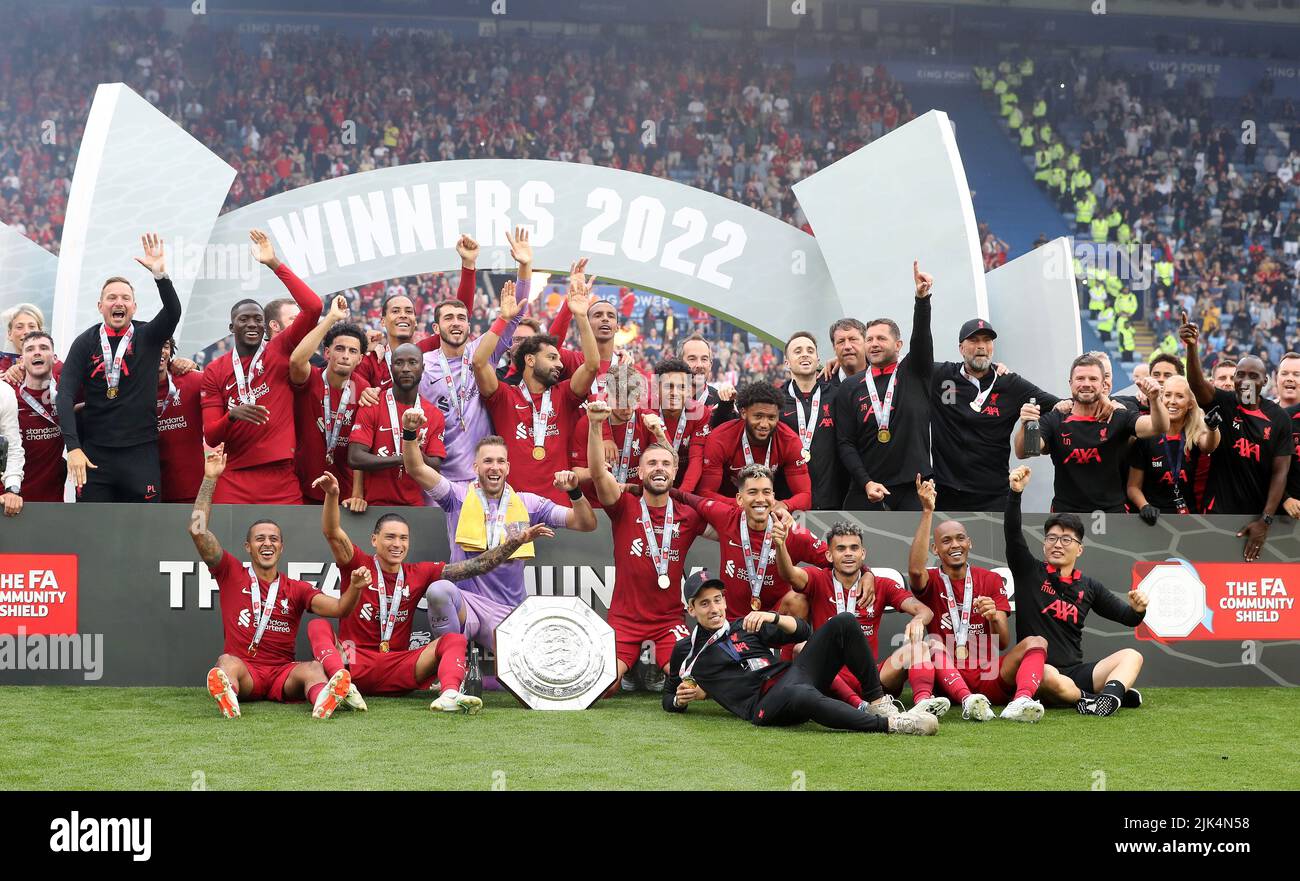 Leicester, England, 30th July 2022. The Liverpool team celebrate with ...