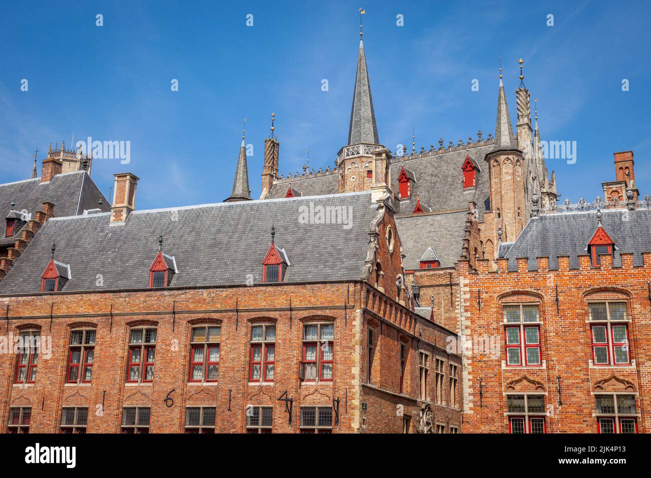 Bruges towers, flemish architecture building facades, Belgium Stock ...