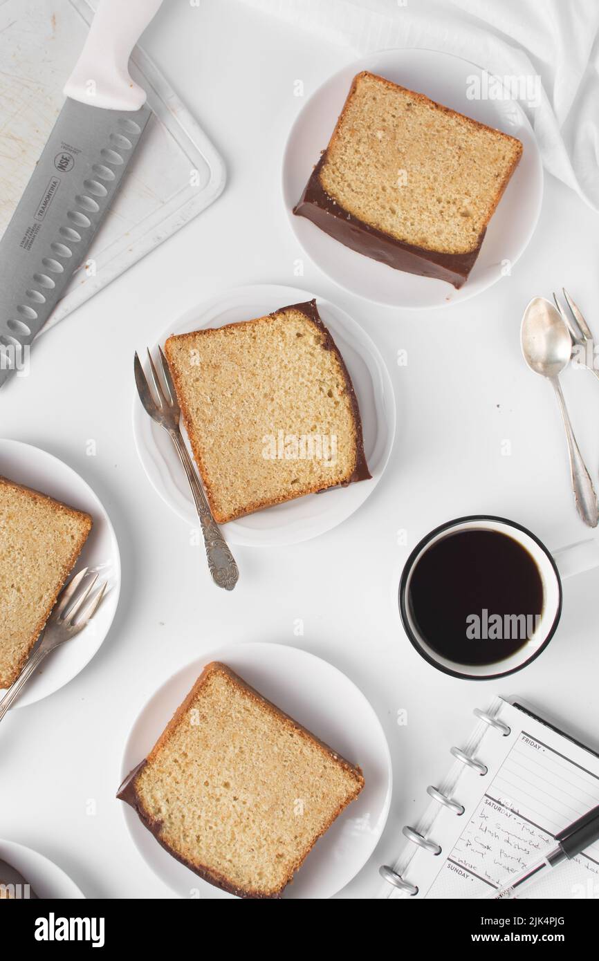Top view of loaf slices with a chocolate coating, flatlay of vanilla ...