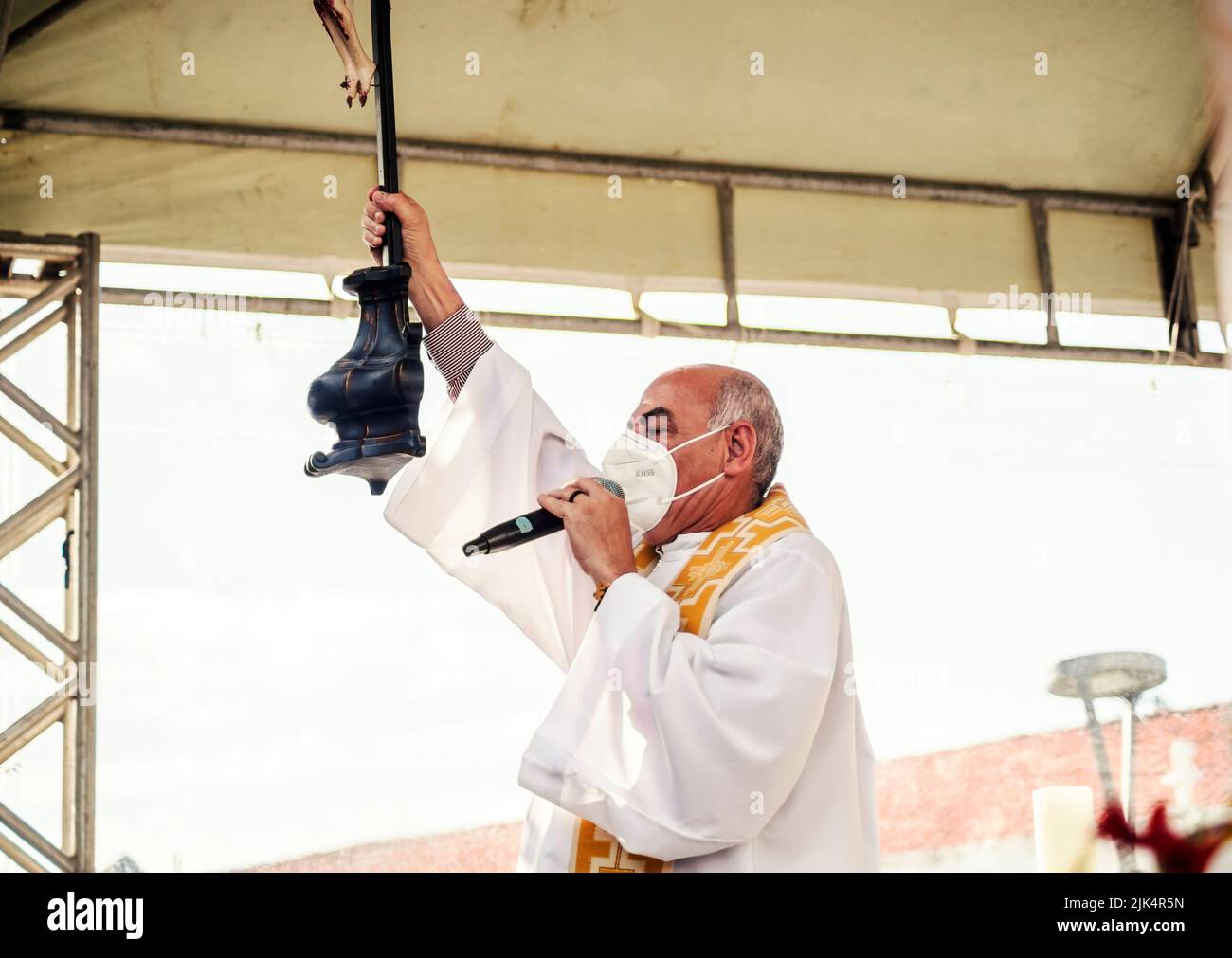 Salvador, Bahia, Brazil - January 07, 2022: Priest celebrates mass for ...