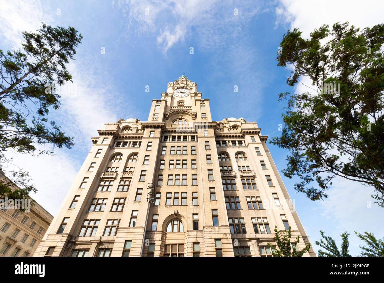 looking up at the royal liver building on the liverpool waterfront ...