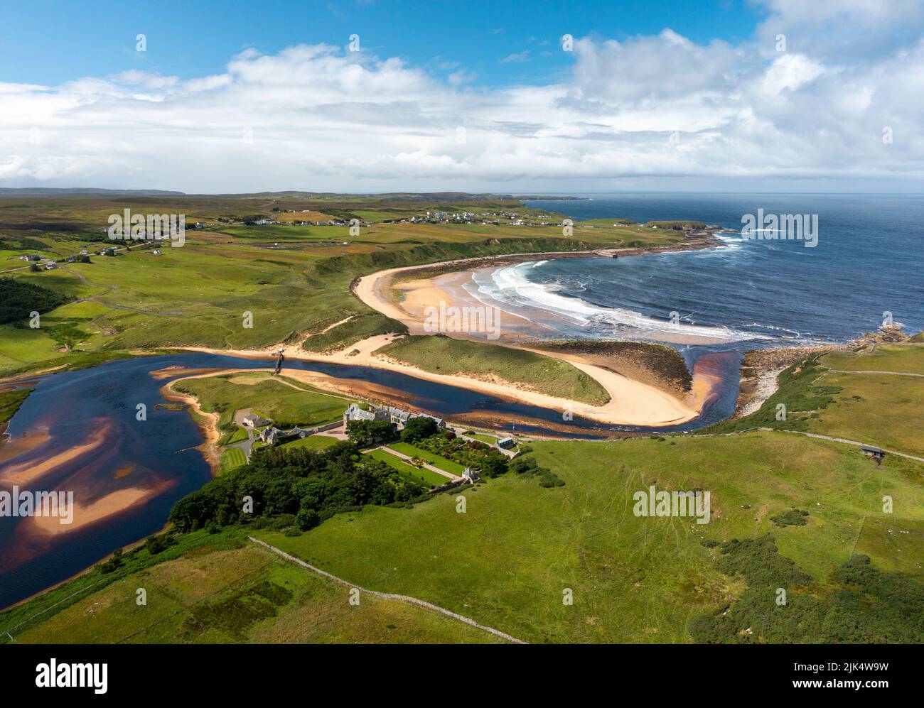 Aerial view of Melvich Bay and Halladale River on North Coast 500 in ...