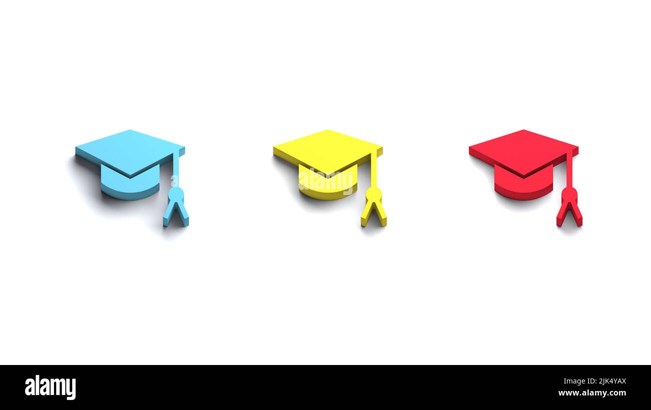 Three Graduated hats Icon blue, yellow, red colors symbol. 3D back to ...