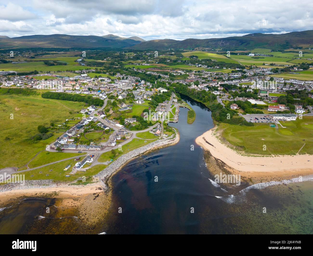 Aerial view of village of Brora on North coast 500 in Sutherland ...