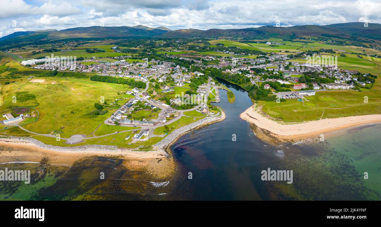 Aerial view of village of Brora on North coast 500 in Sutherland ...