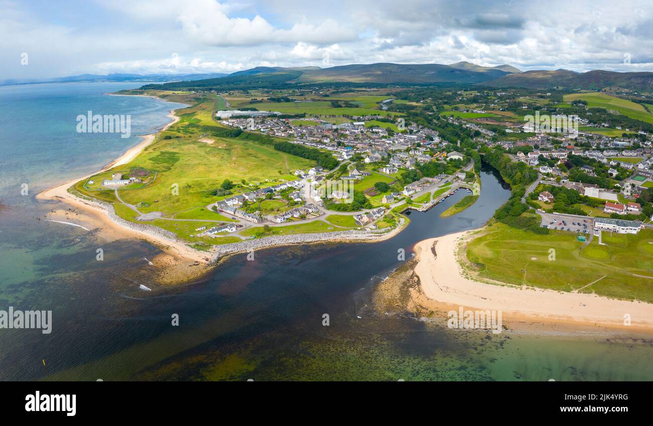 Aerial view of village of Brora on North coast 500 in Sutherland ...