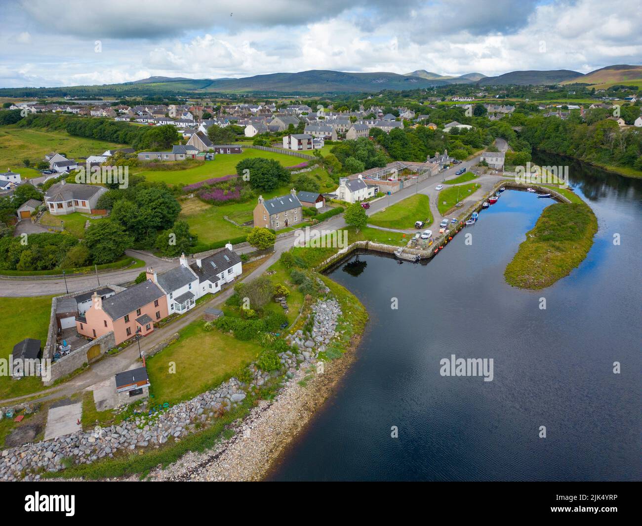 Aerial view of village of Brora on North coast 500 in Sutherland ...