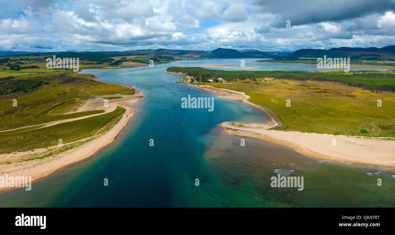 Aerial view of coastal inlet at Littleferry and Loch Fleet, Golspie ...