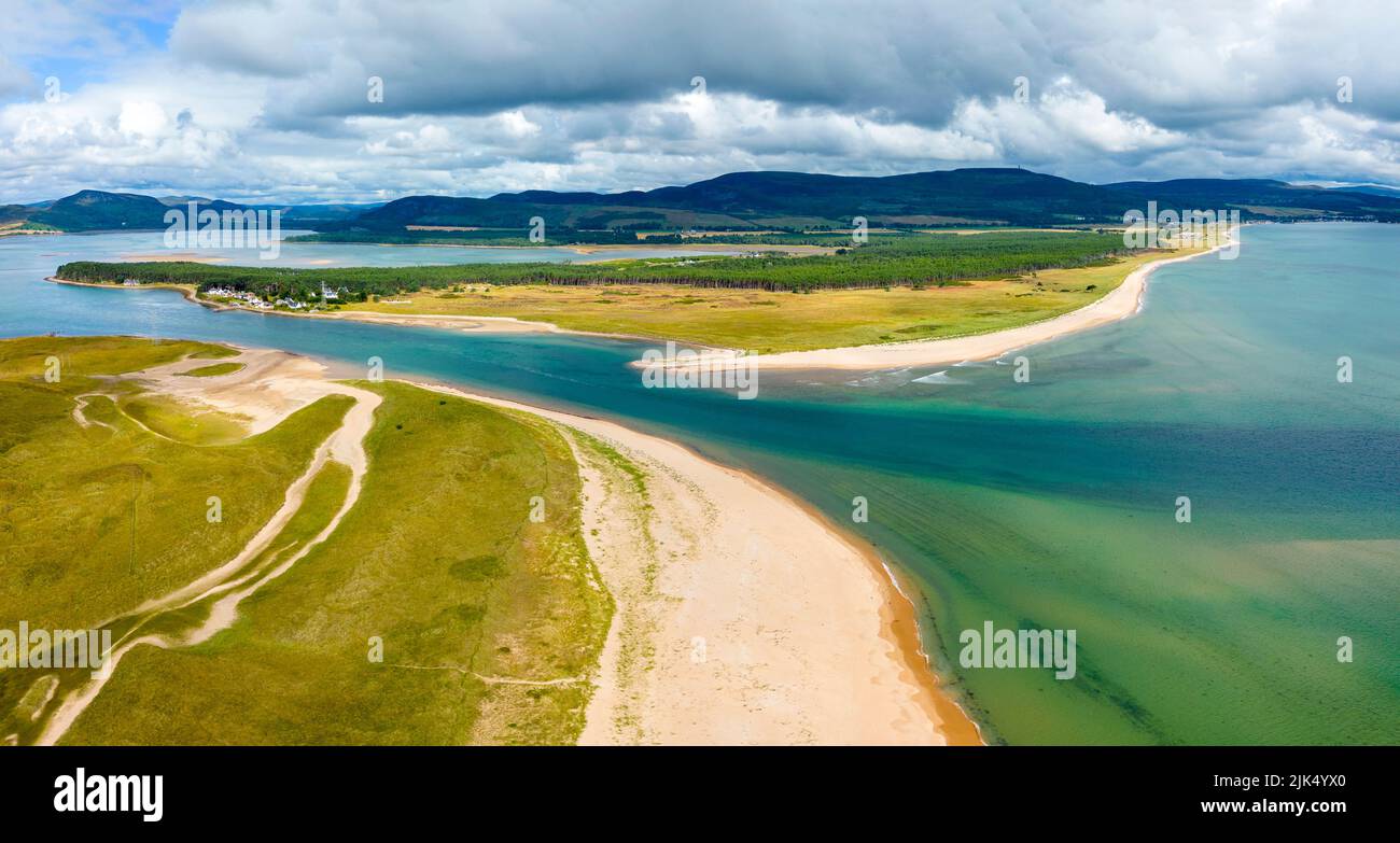 Aerial view of coastal inlet at Littleferry and Loch Fleet, Golspie ...