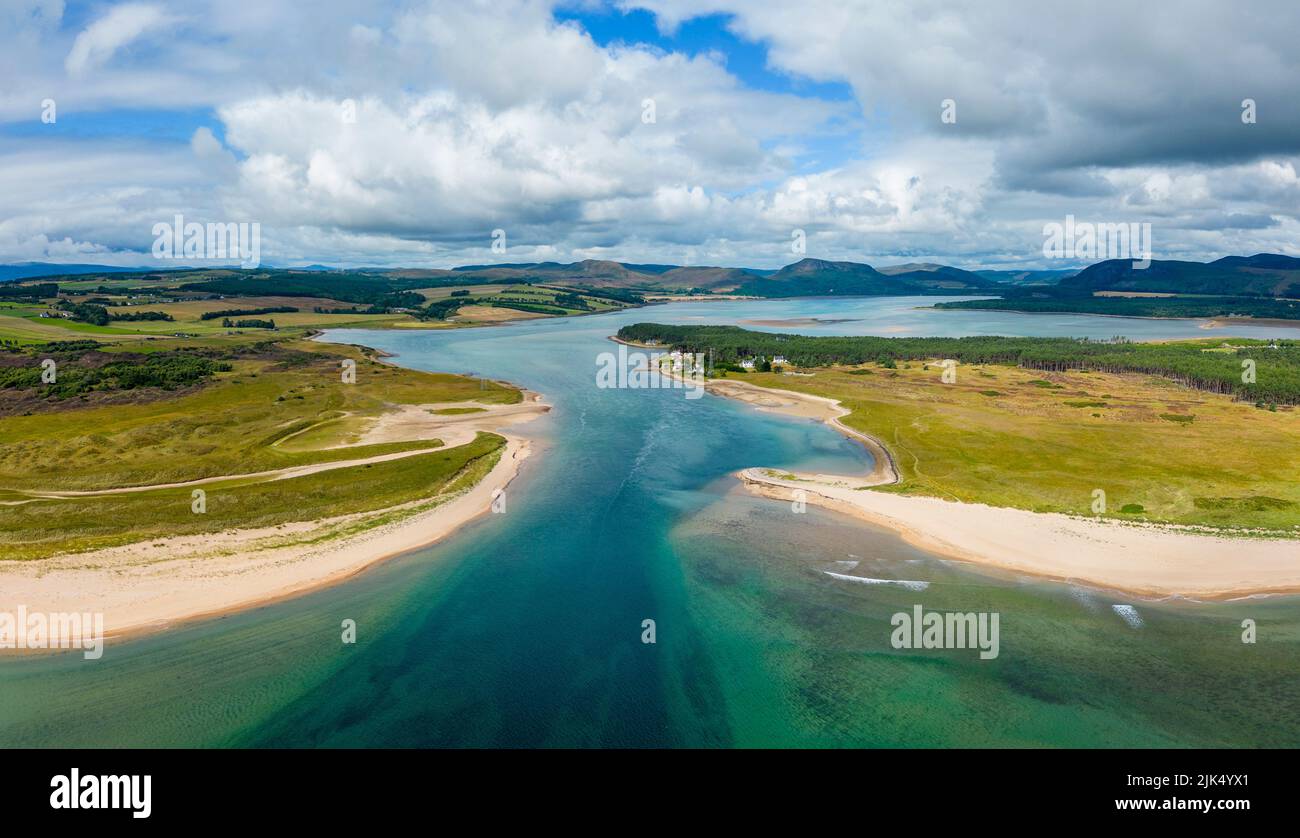 Aerial view of coastal inlet at Littleferry and Loch Fleet, Golspie ...