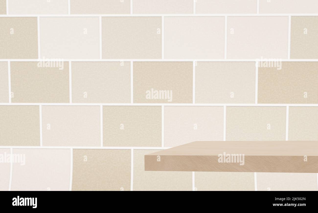 3d render. Abstract beige background. Mock-up of a tiled wall and a ...