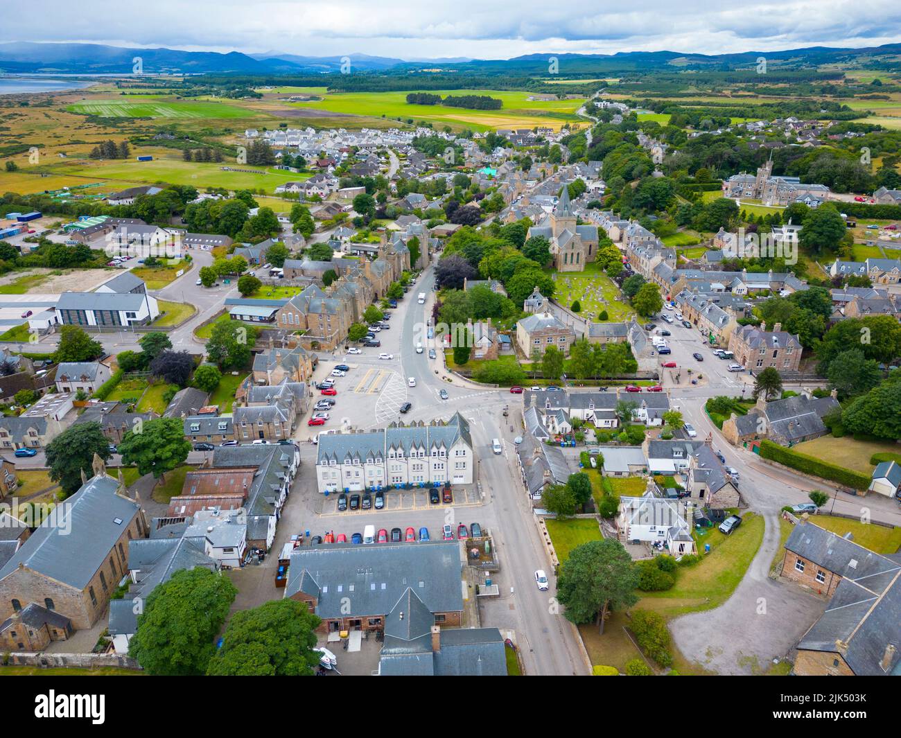 Aerial view of centre of Dornoch town in Sutherland, Scotland, UK Stock ...