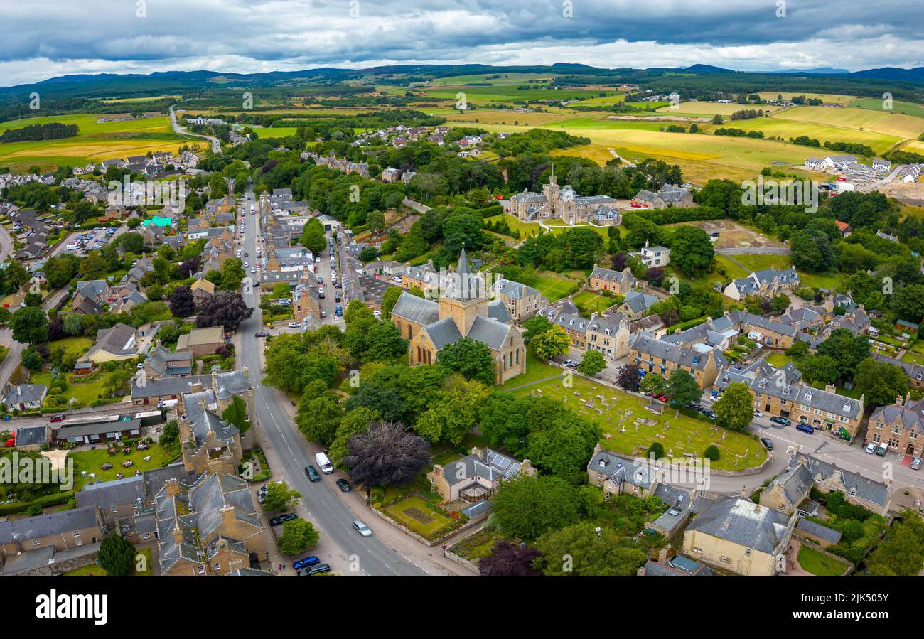 Aerial view of centre of Dornoch town and Dornoch Cathedral in ...