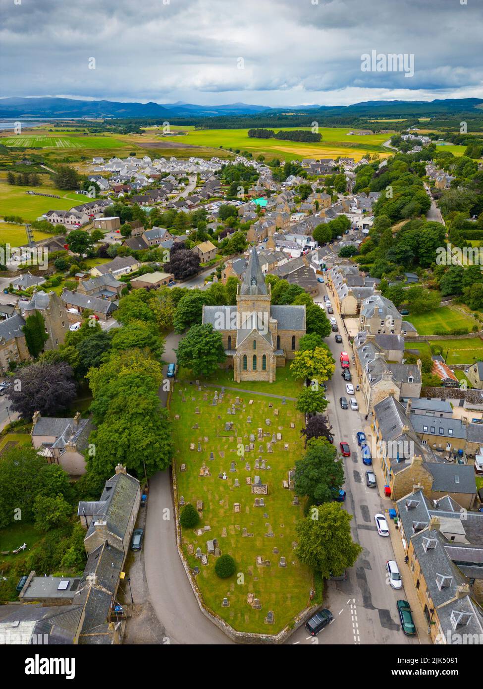 Aerial view of centre of Dornoch town and Dornoch Cathedral in ...