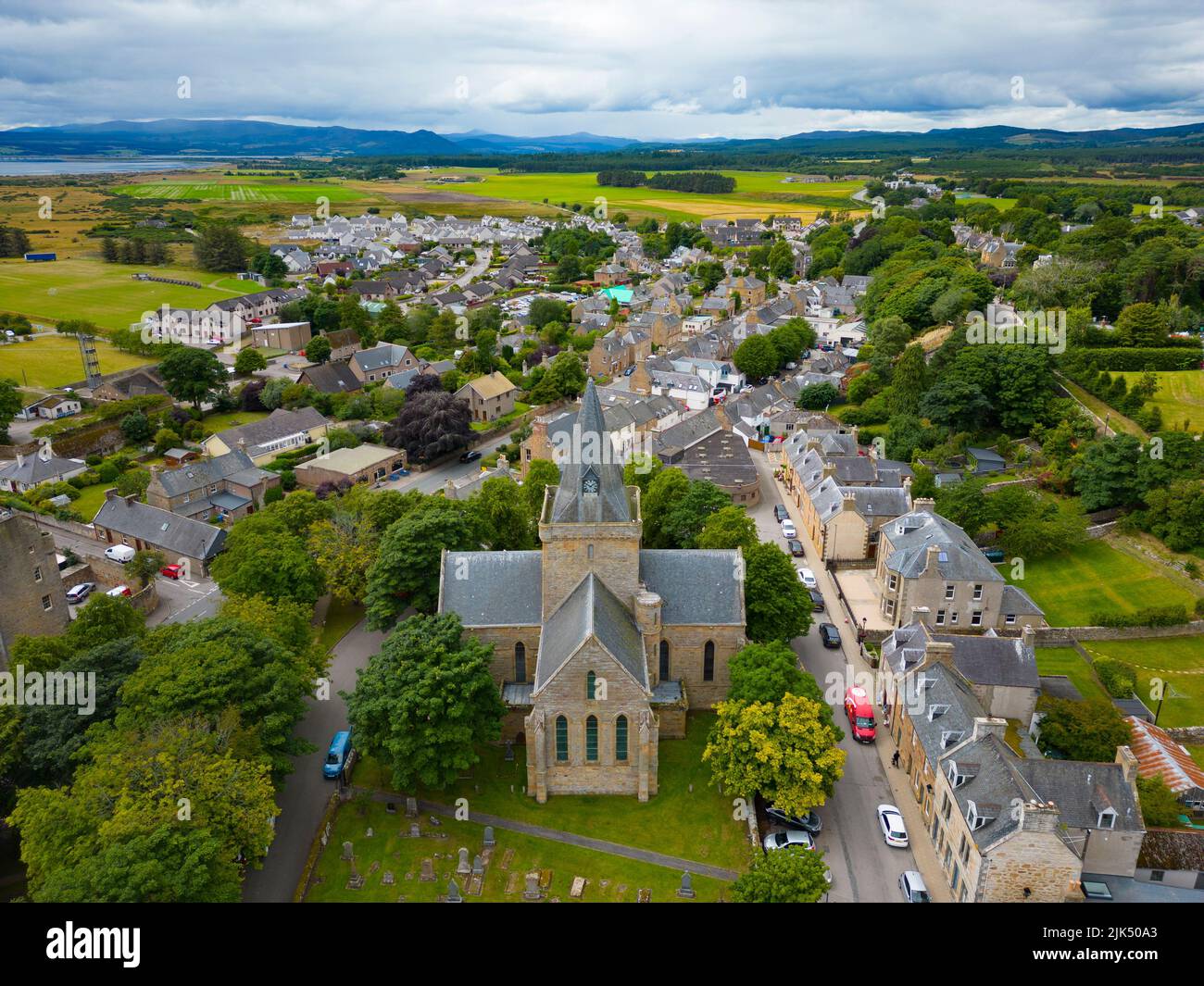 Aerial view of centre of Dornoch town and Dornoch Cathedral in ...