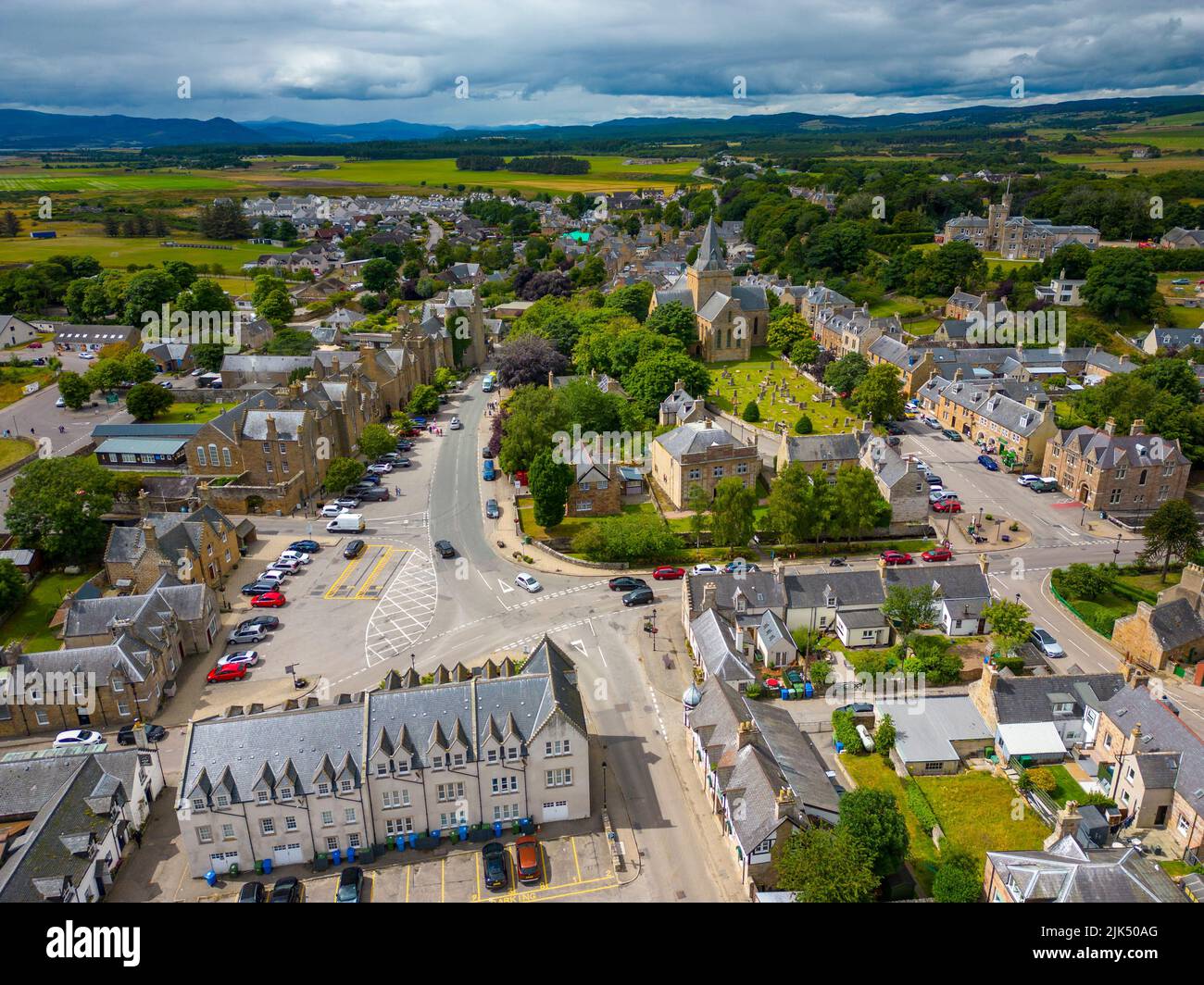Aerial view of centre of Dornoch town in Sutherland, Scotland, UK Stock ...