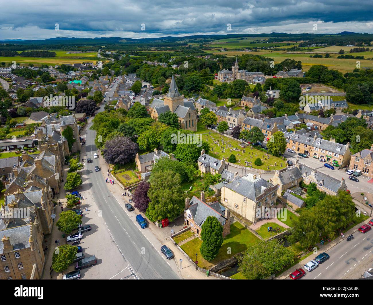 Aerial view of centre of Dornoch town in Sutherland, Scotland, UK Stock ...