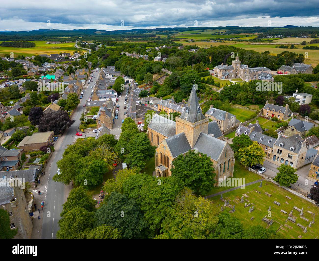 Aerial view of centre of Dornoch town and Dornoch Cathedral in ...
