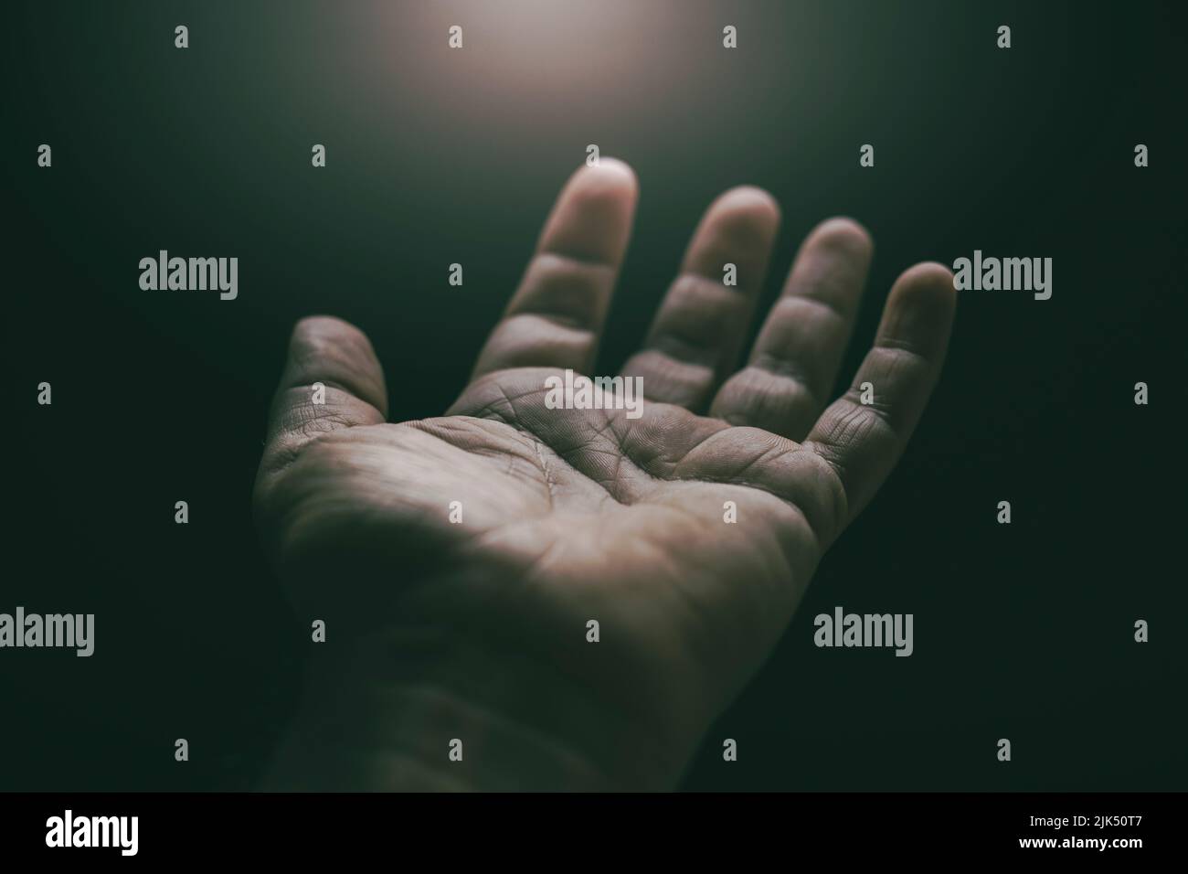 Detail shot of the palm of a man's hand facing upwards lit from above ...