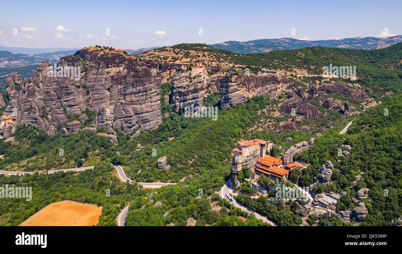 Aerial view of nature cliffs and monasteries in Meteora near the town ...
