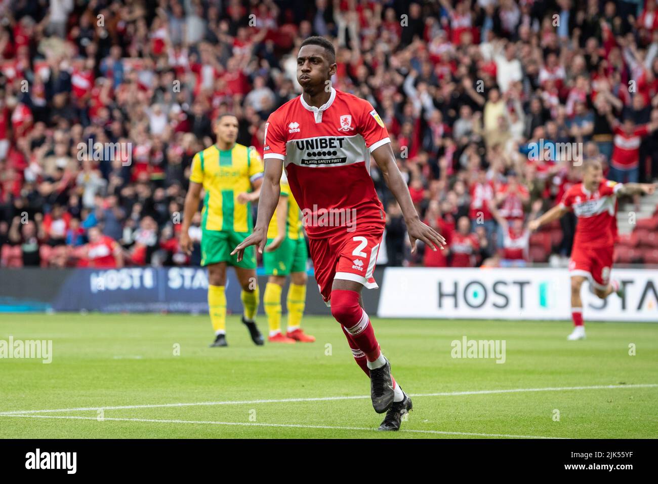 Isaiah Jones #2 of Middlesbrough celebrates his goal and makes the ...