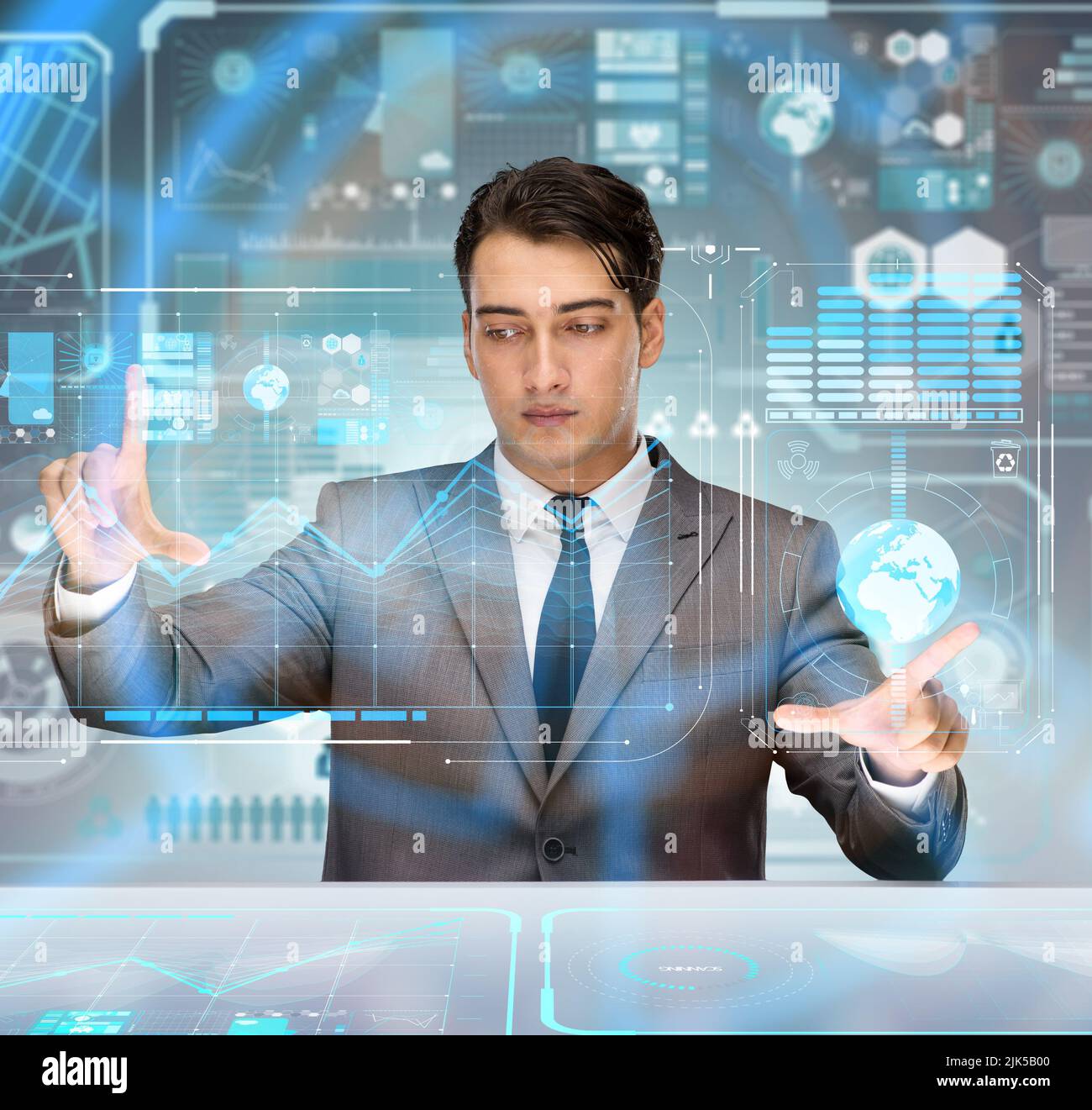 The man pressing virtual button in data mining concept Stock Photo - Alamy