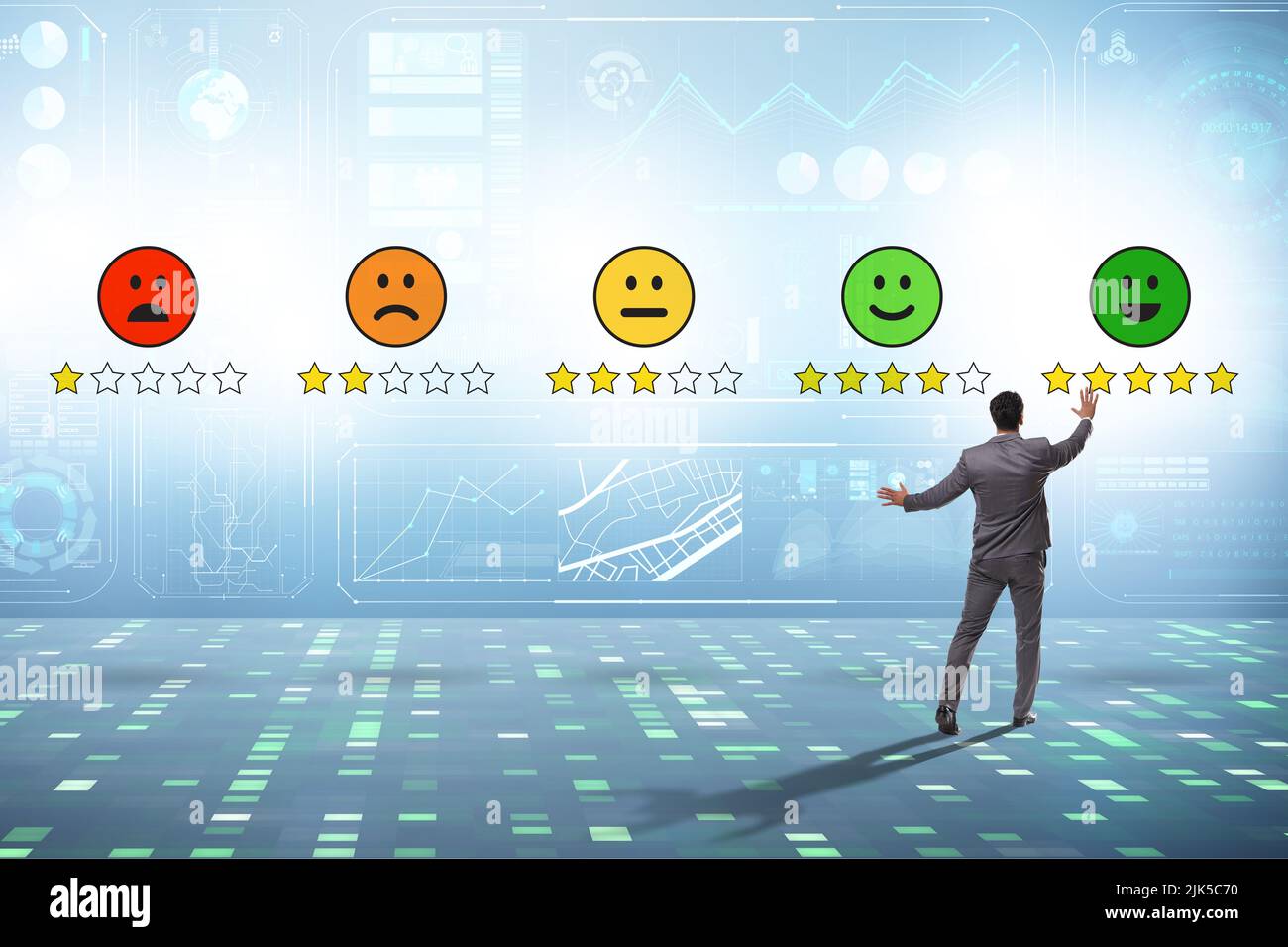 Illustration of customer feedback with the faces and businessman Stock ...