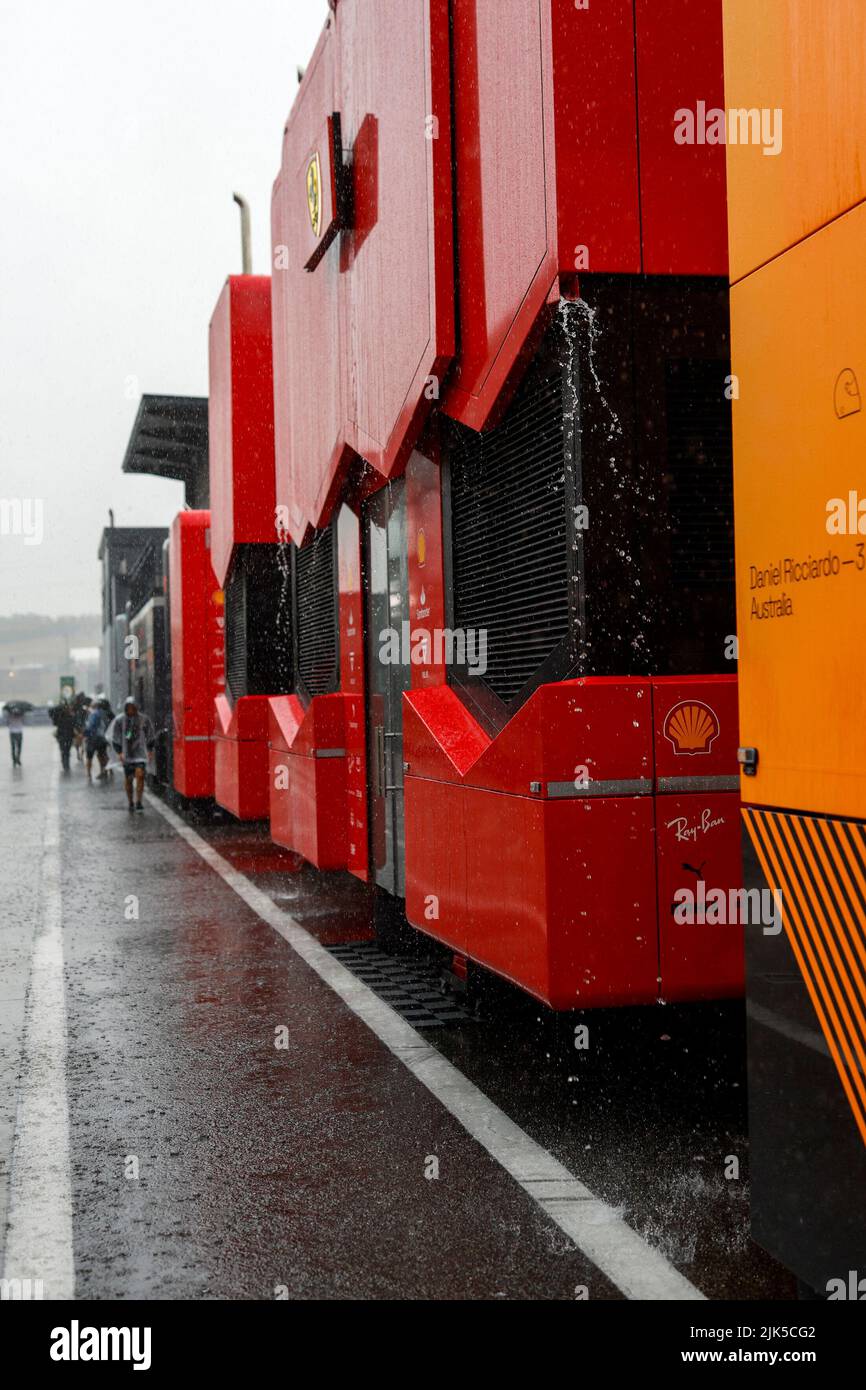 Budapest, Hungary. 30th July, 2022. Rainy day at F1 Paddock, F1 Grand ...
