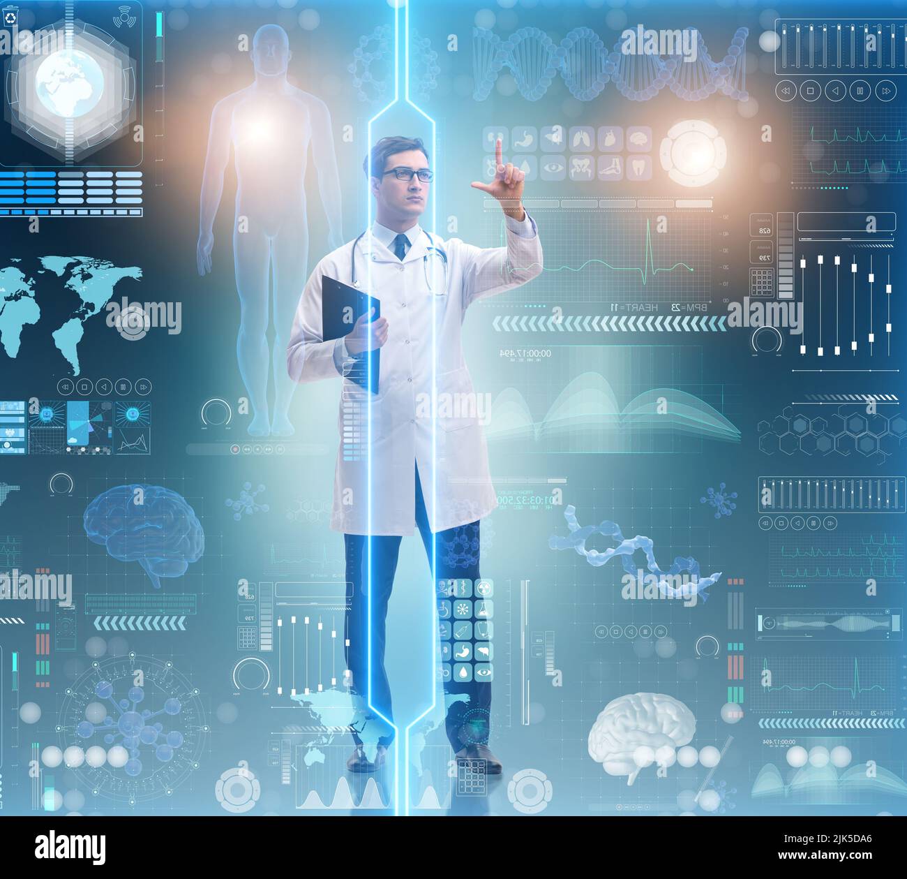 The doctor in futuristic medical concept pressing button Stock Photo ...