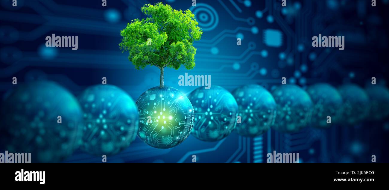 Digital ball with tree against nature with digital convergence and ...