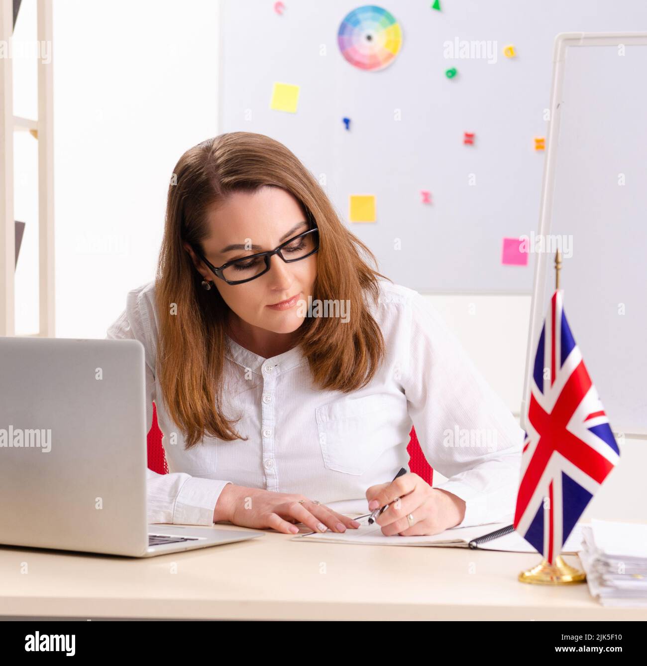 Female english language teacher in front of whiteboard Stock Photo - Alamy