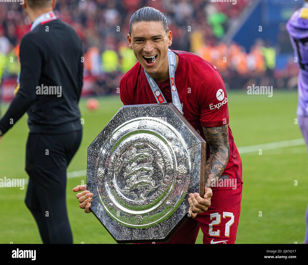 Leicester. 31st July, 2022. Liverpool's Darwin Nunez holds the trophy ...