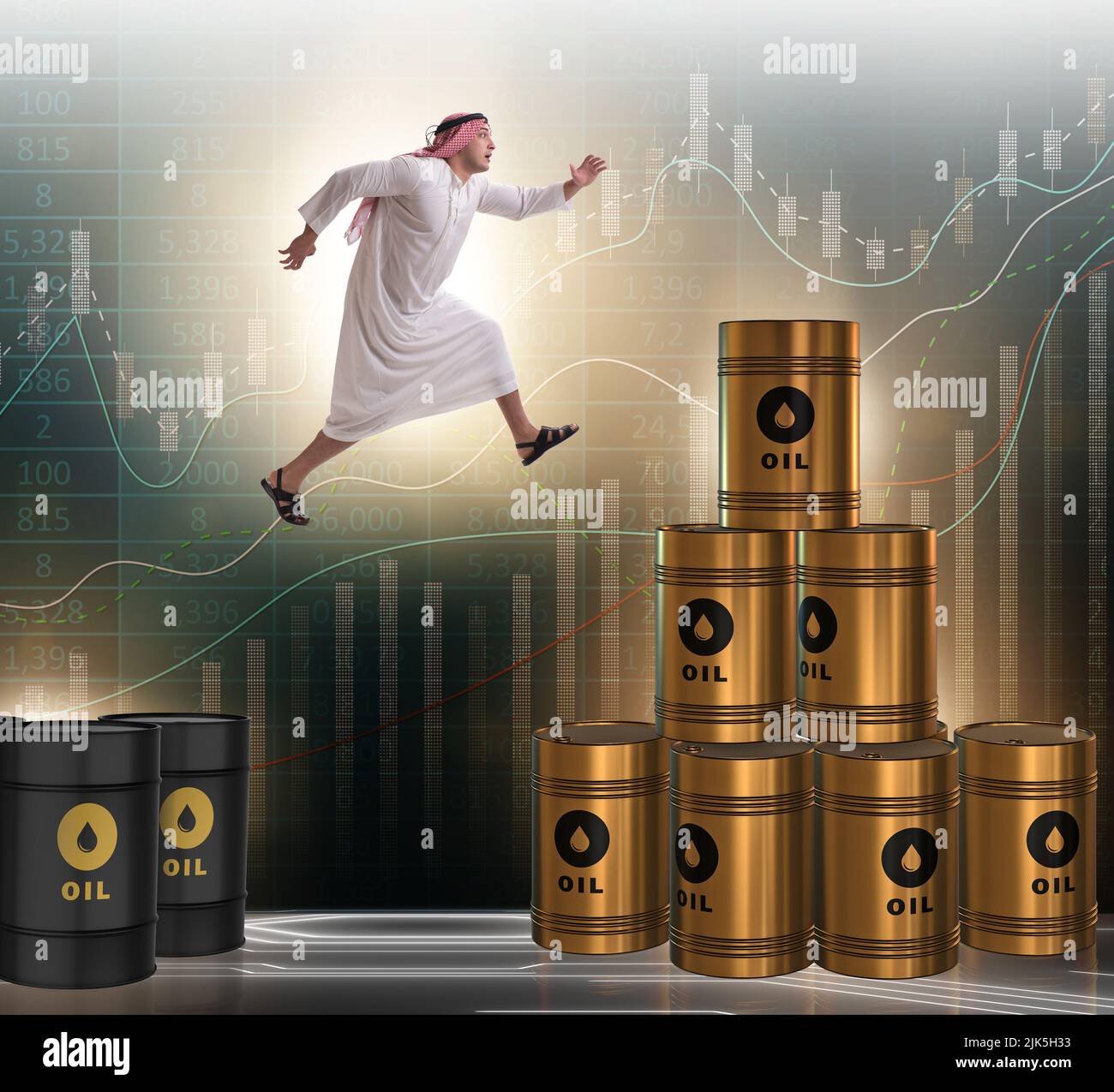 The arab businessman jumping from oil barrels Stock Photo - Alamy