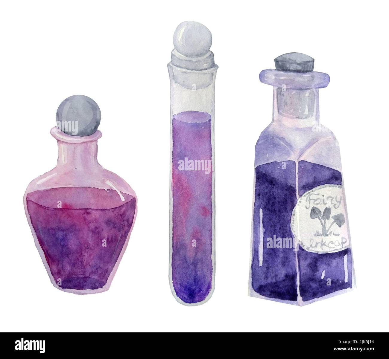 Watercolor hand drawn illustration of purple witch apothecary galsses ...