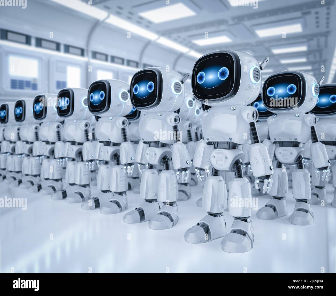 3d rendering group of cute and small artificial intelligence assistant robots with cartoon ...