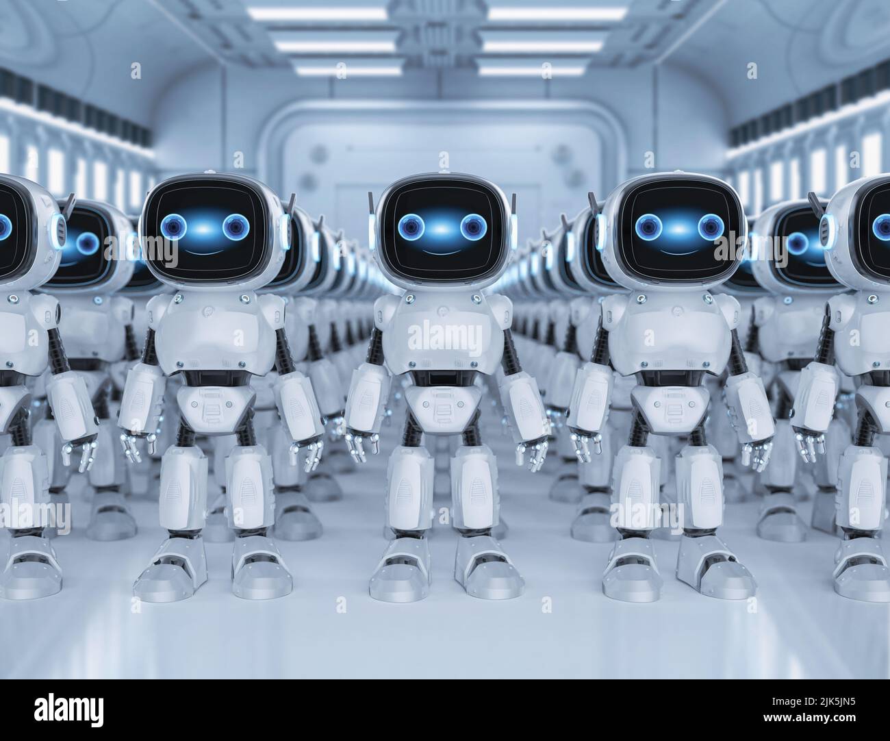 3d rendering group of cute and small artificial intelligence assistant robots with cartoon ...