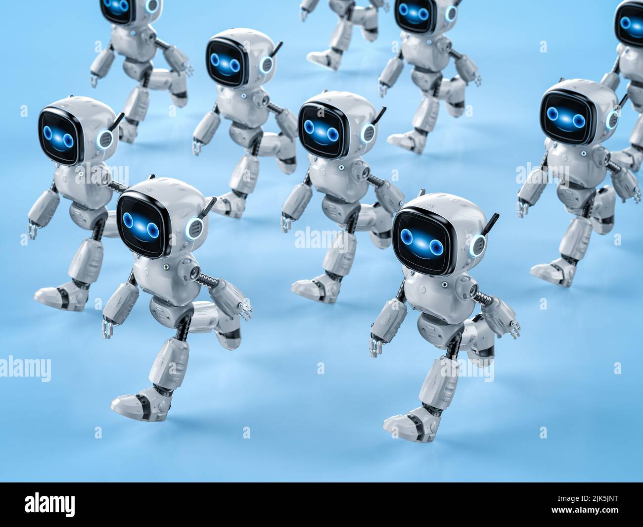 3d rendering group of cute and small artificial intelligence assistant robots with cartoon ...