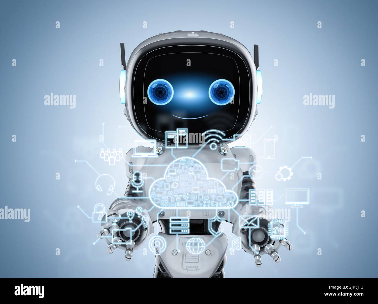 Cloud computing technology concept with 3d rendering cute robot and ...