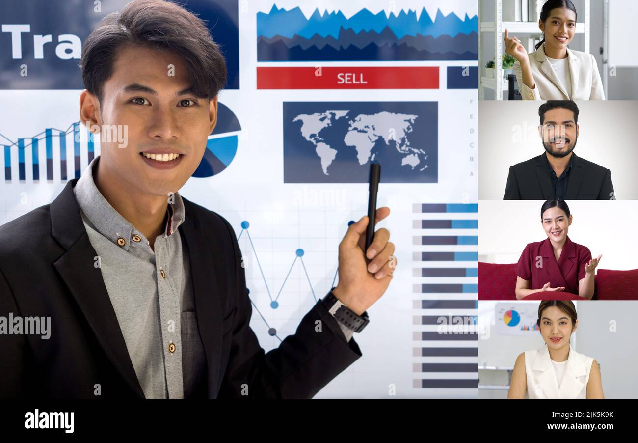 Head shot participants videoconference on-line meeting. Young asian ...